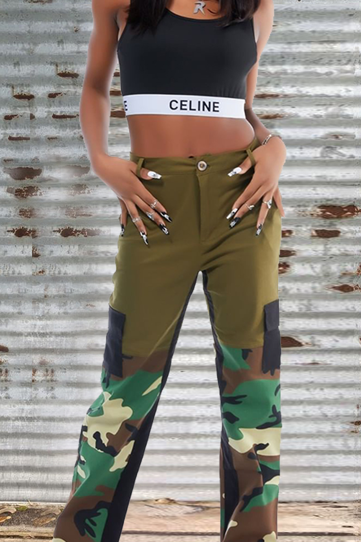Colorblock Camo Pattern Mid Rise Cargo Pants | Flamingo Shop